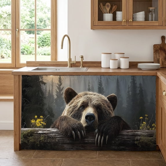 Bear Cabinet Curtains 28" W x 51" L, Animal Pattern Wood Fence Forest ...