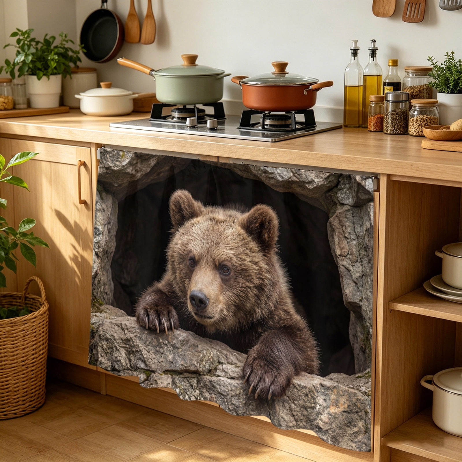 Bear Cabinet Curtains 35" W x 35" L Country Rustic Natural Forest Rock ...
