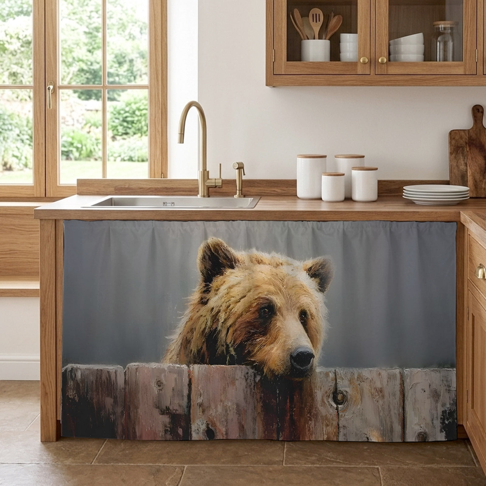 Bear Cabinet Curtains for Kitchen 32"W x 55"L, Fog Misty Woods Animal ...