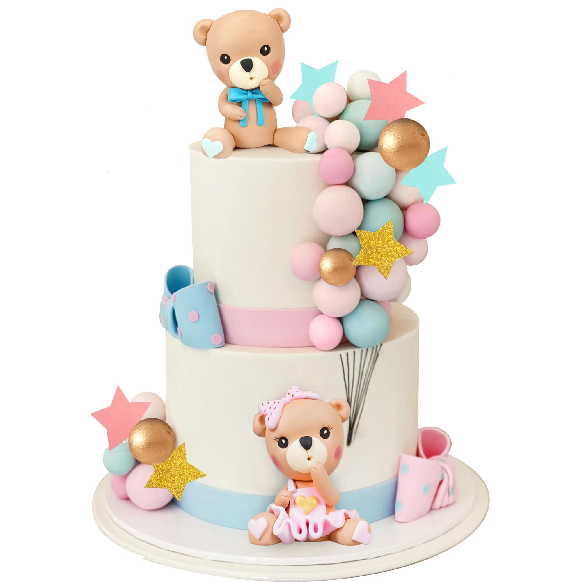 Bear Cake Toppers Pink Blue Bear AIS1 Figurine Cake Decorations Pearl Balls for Baby Shower ...
