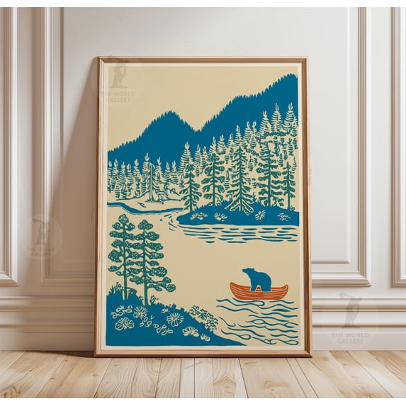 Bear Canoe Print Linocut Style Mountain Lake Nature Wall Art Home Decor ...