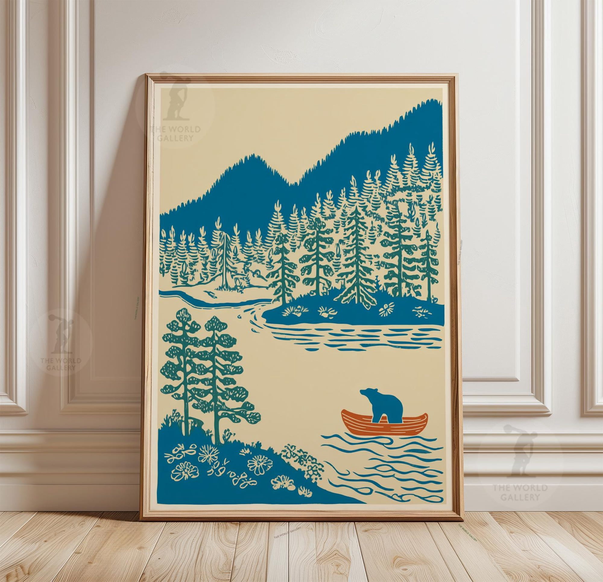 Bear Canoe Print Linocut Style Mountain Lake Nature Wall Art - Walmart.com