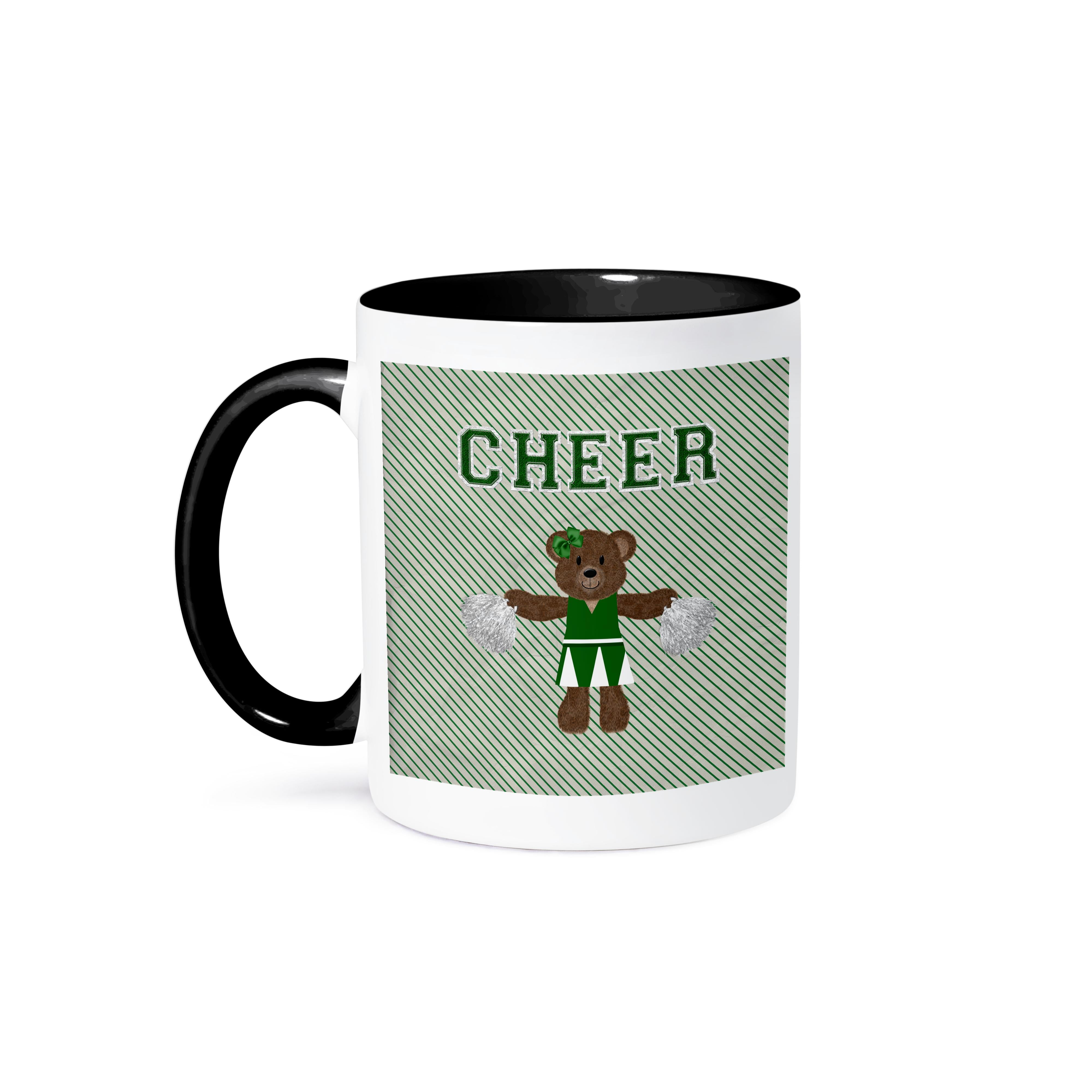 3dRose, Bear Cheerleader with Pom poms, Cheer, Green, 11oz Two-Tone ...