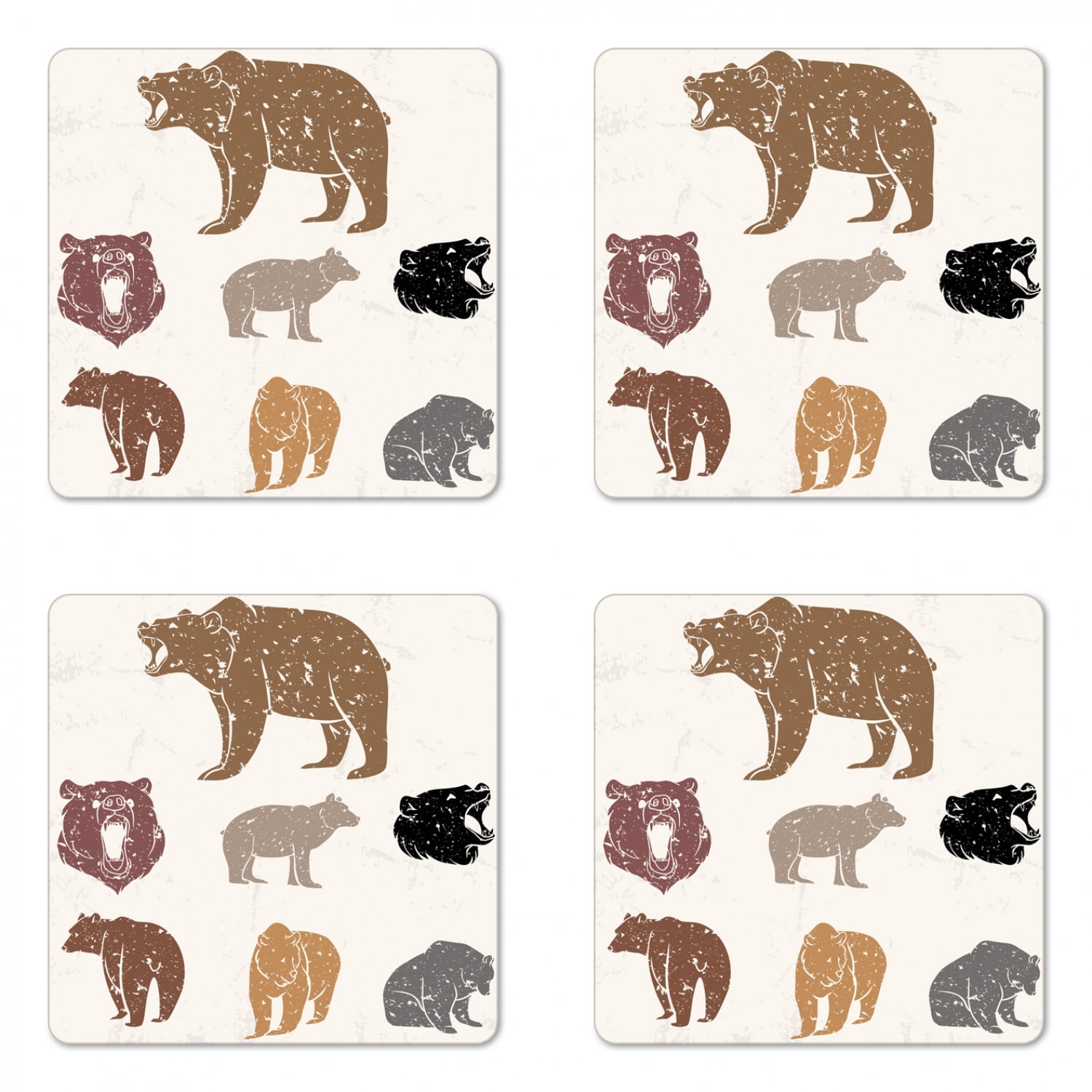Bear Coaster Set of 4, Different Bears with Grunge Design Growling ...
