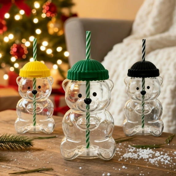 Bear Cold Cup, 20oz Clear Bear Glass Sippy Cup with Lid and Straw, Cute ...