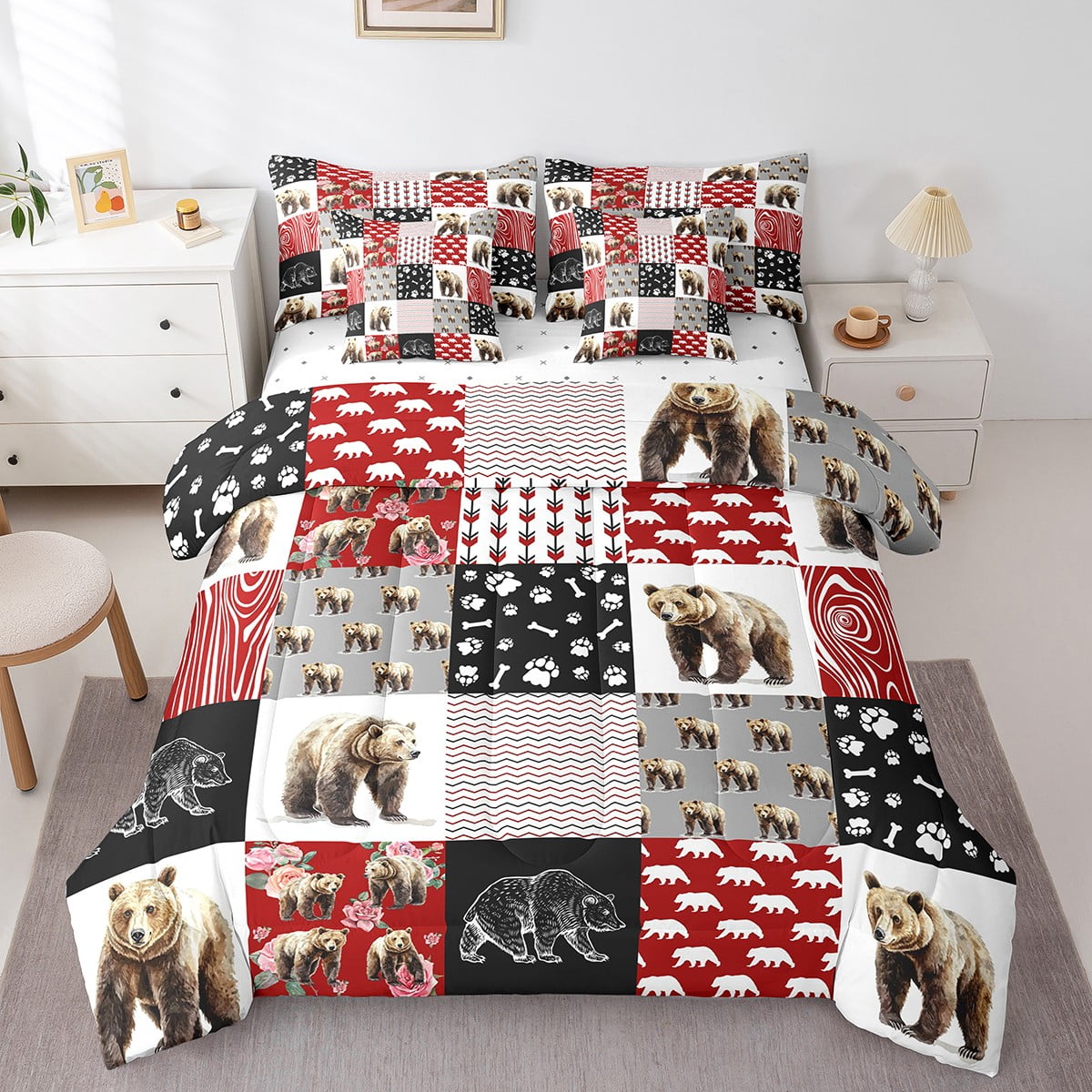 Bear Comforter Set 7 Piece Bed in a Bag Twin,Woodland Animals Bedding ...
