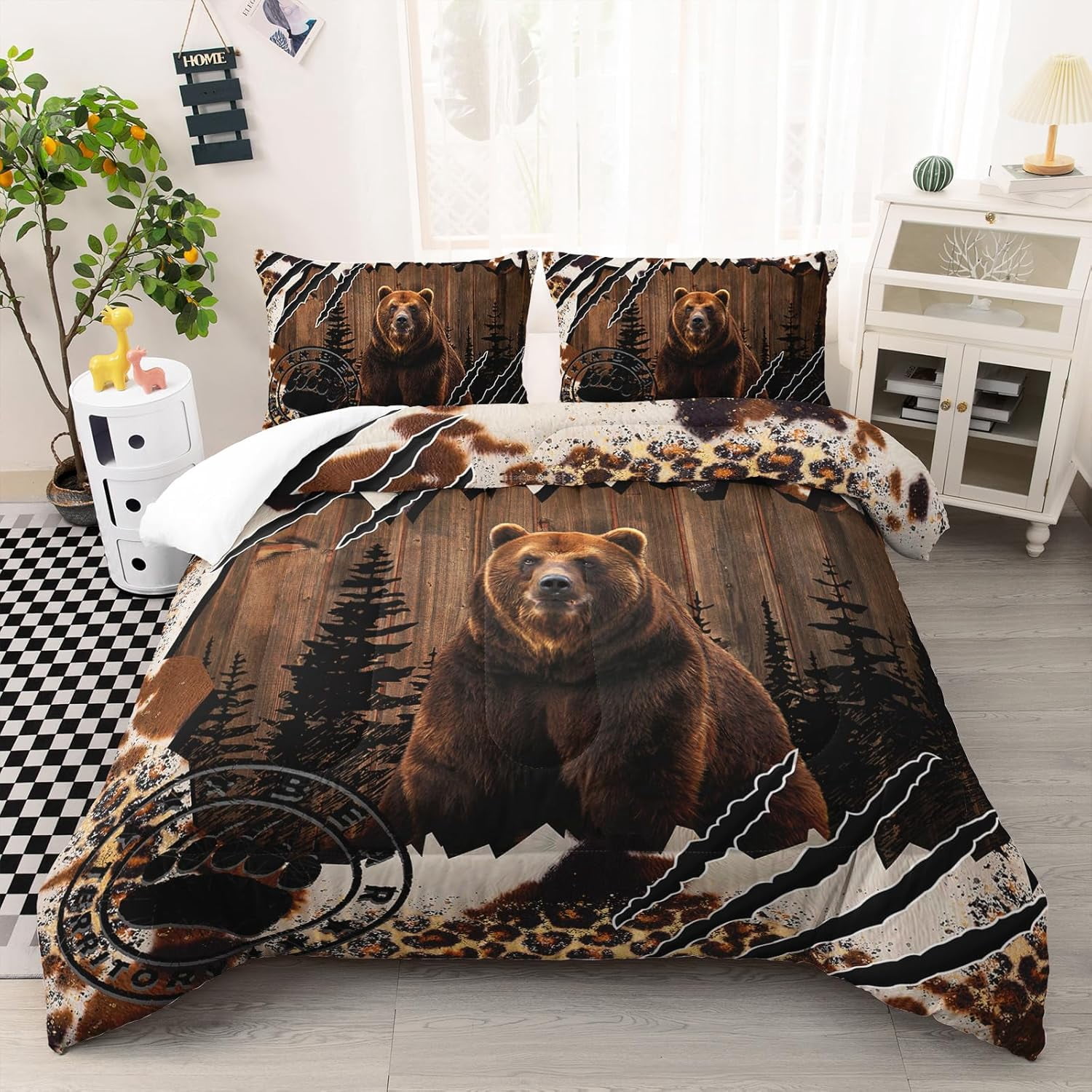 Bear Comforter Set Queen Size, Wild Animal Hunting Enthusiasts Bedding ...