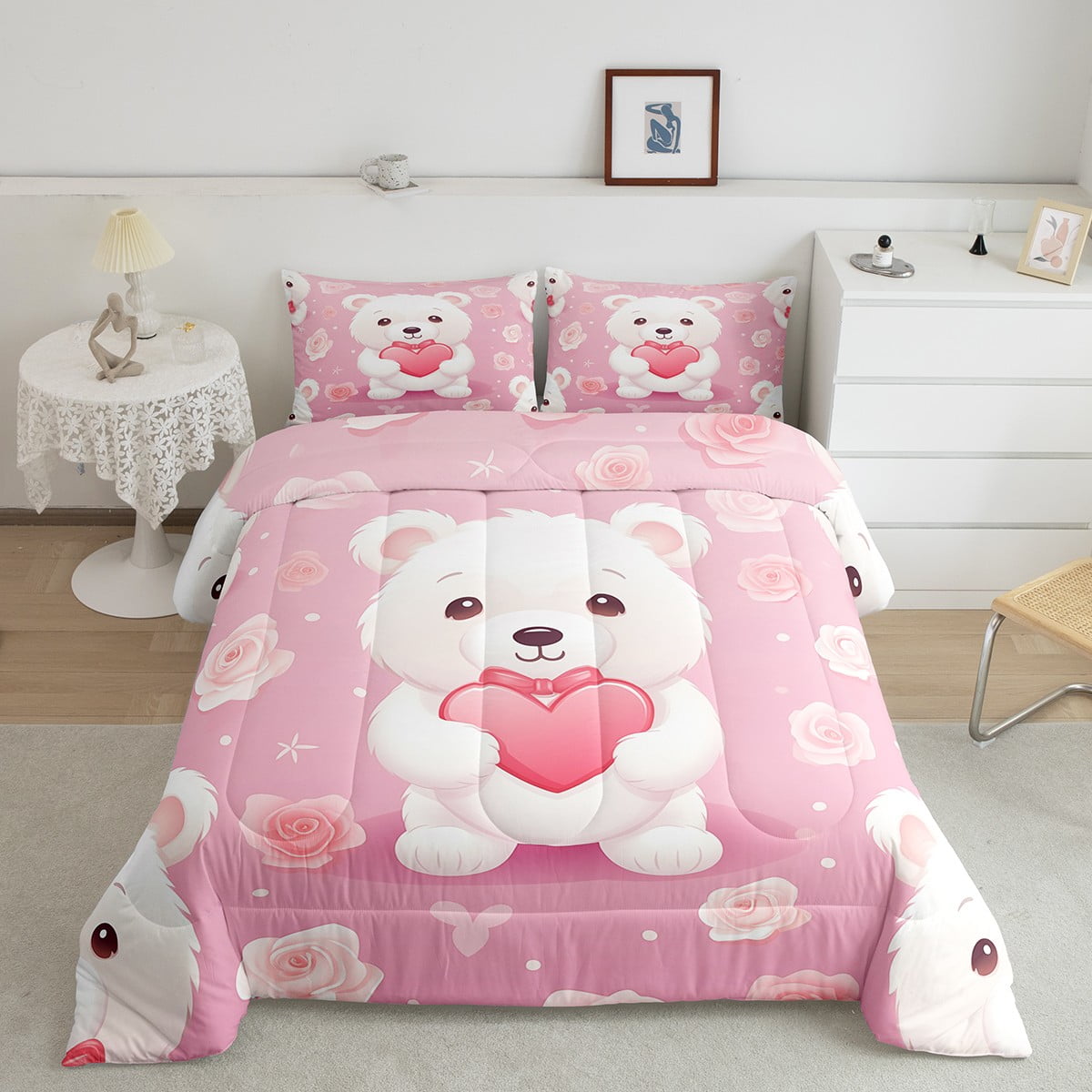 Bear Comforter Set Cute Animal Queen Bedding Sets,Pastel Pink Rose ...