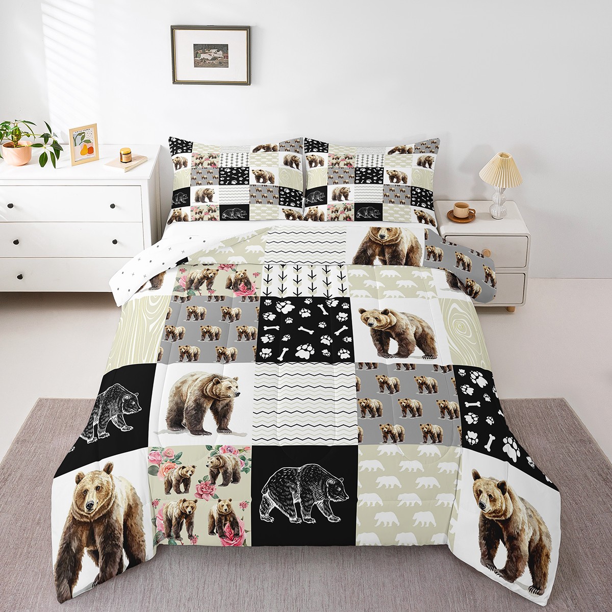 Bear Comforter Set Woodland Animals Bed Set,Jungle Wildlife Paw Print ...