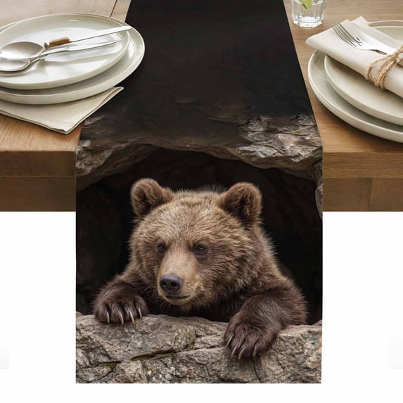 Bear Cotton Linen Table Runner Country Rustic Natural Forest Rock Cave ...