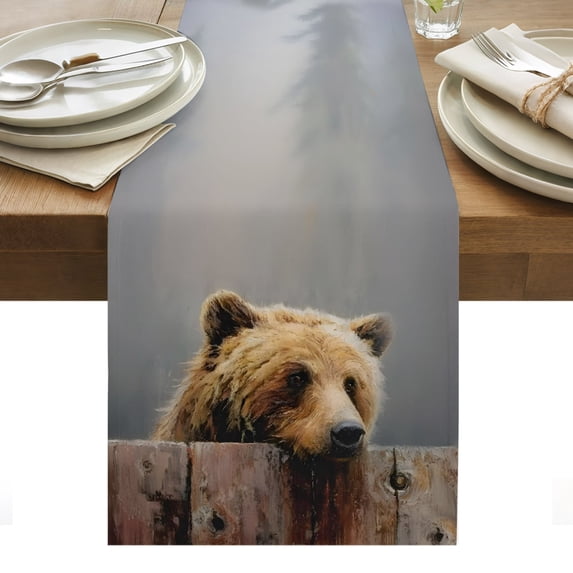 Bear Cotton Linen Table Runner Fog Misty Woods Animal Dining Table ...