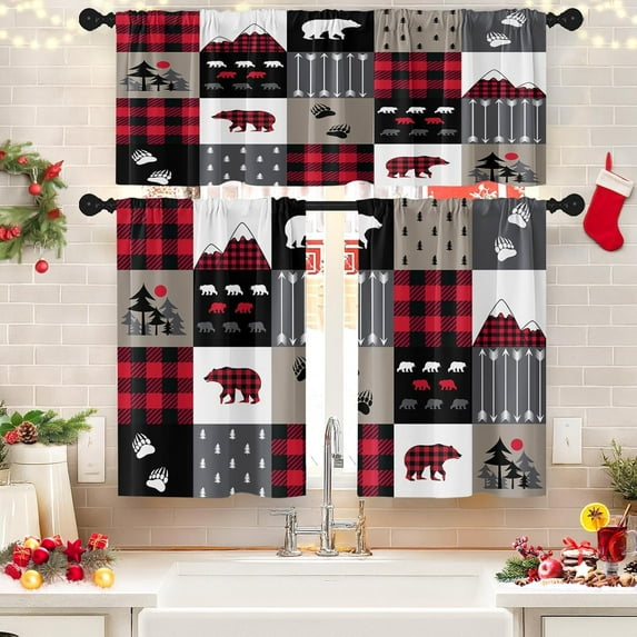 Bear Cute Christmas Kitchen Curtains Plant Tree Wood Buffalo Window ...