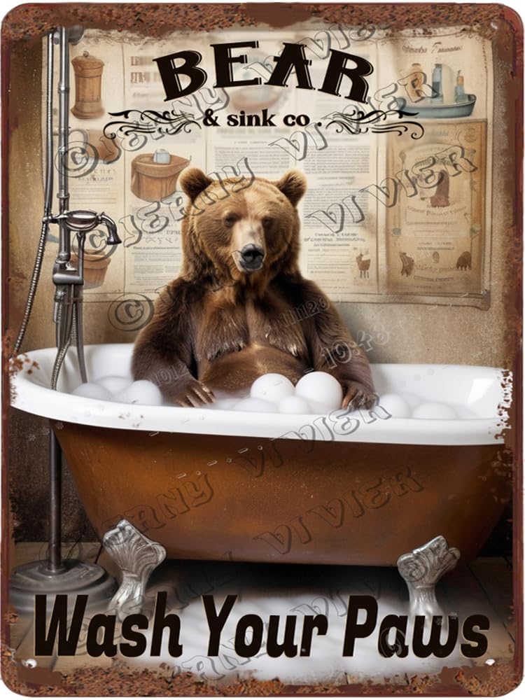 Bear Decor Wash Your Paws Retro Aluminum Sign 12x16 IN Metal Tin Sign ...