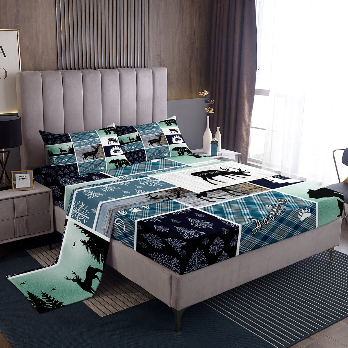 Bear Deer Bed Sheets Set Queen Size, Hunting Wild Animal Sheets Rustic ...