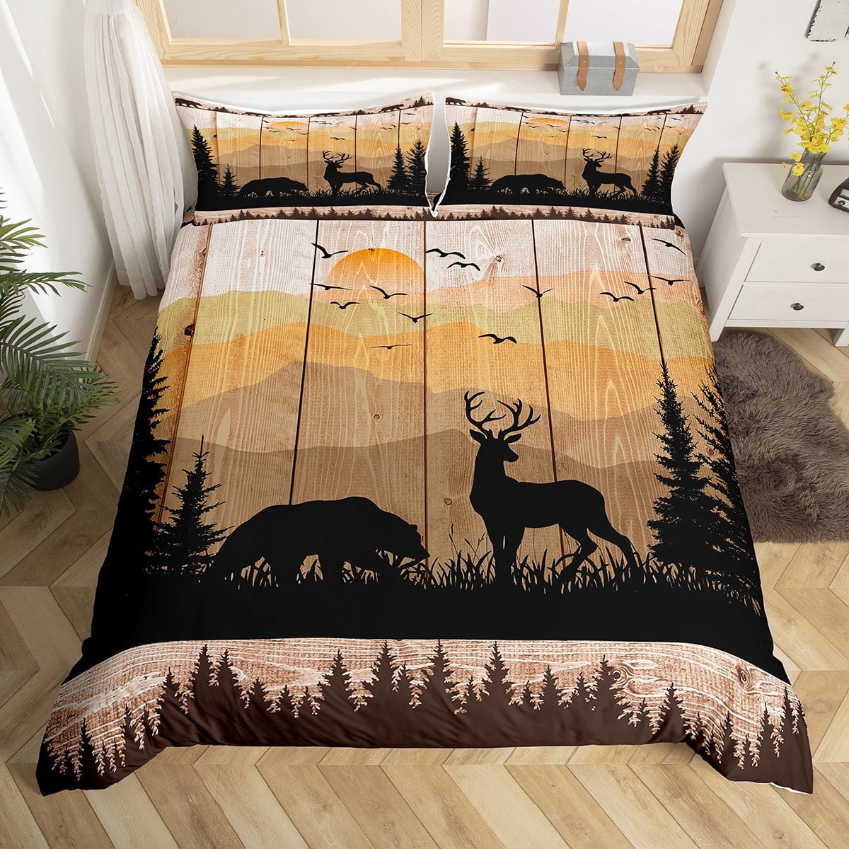 Bear Deer Bedding Set Queen,Rustic Elk Moose Mountain,Duvet Cover for ...
