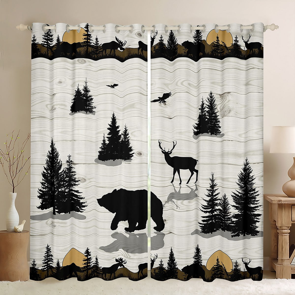 Bear Deer Blackout Curtains 2 Panels 42"Wx63"L Rustic Jungle Pine Trees ...