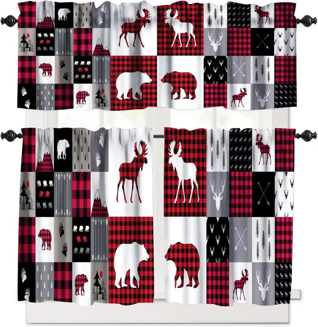 Bear Deer Buffalo Plaid Curtain Set, Vintage Buffalo Plaid Patchwork ...