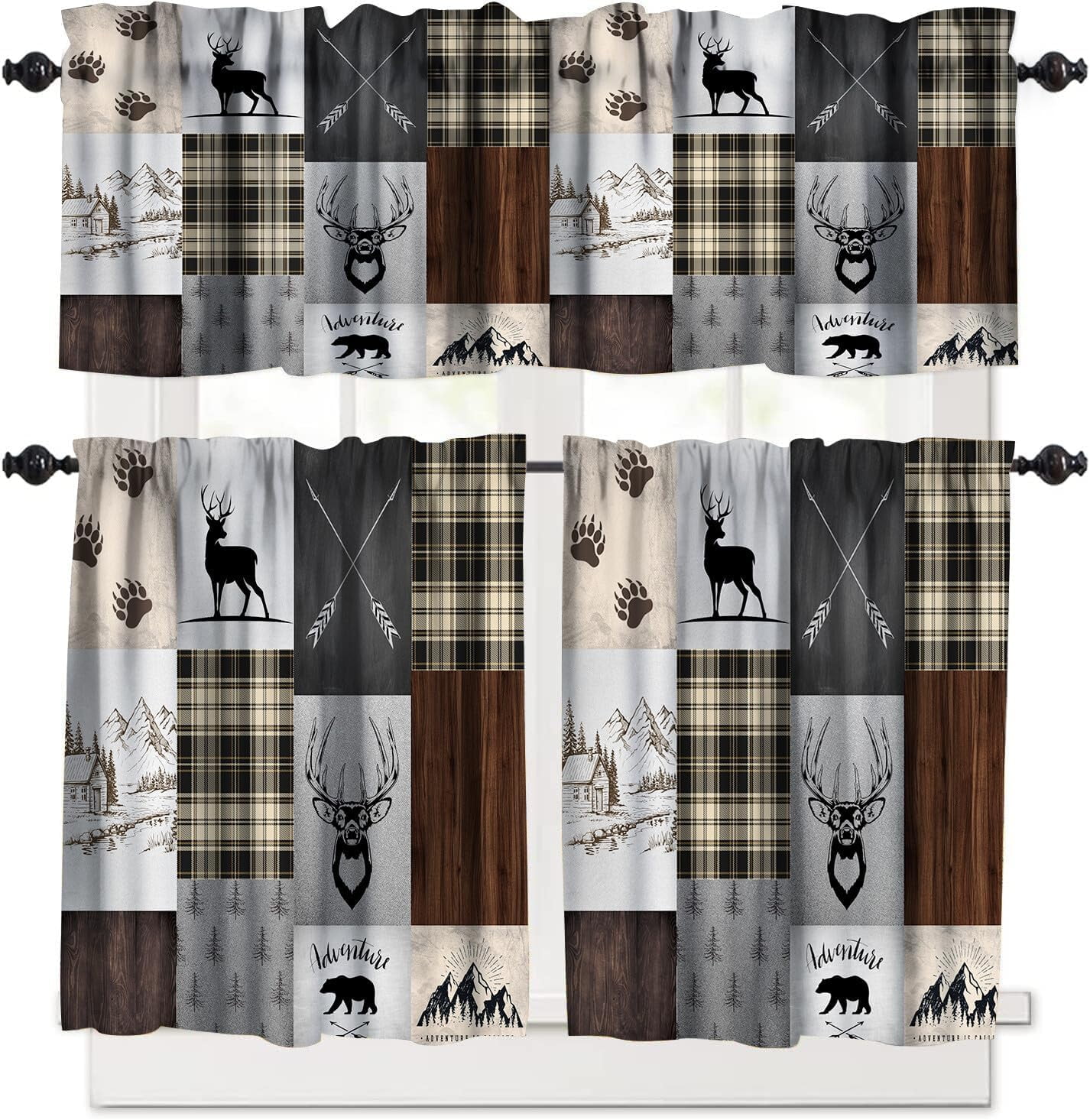 Bear Deer Buffalo Plaid Kitchen Curtain Set, Vintage Buffalo Plaid ...