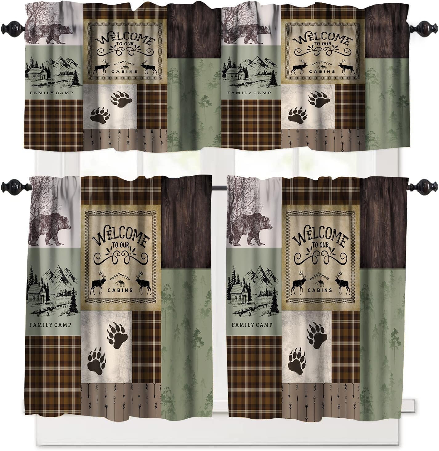 Bear Deer Buffalo Plaid Kitchen Curtain Set, Vintage Buffalo Plaid ...