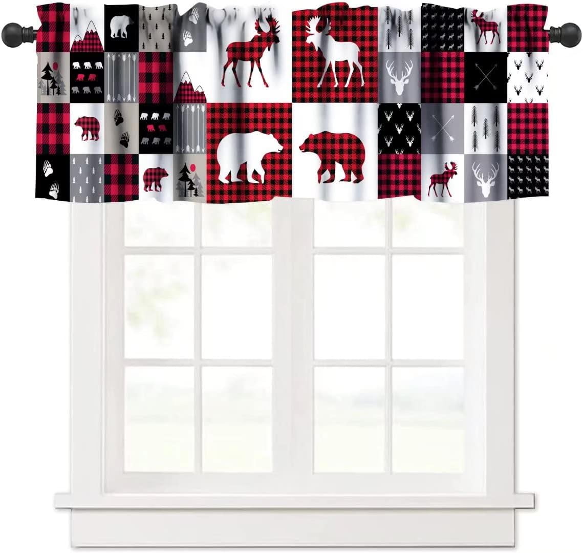 Bear Deer Buffalo Plaid Valance, Vintage Buffalo Plaid Patchwork Deer ...