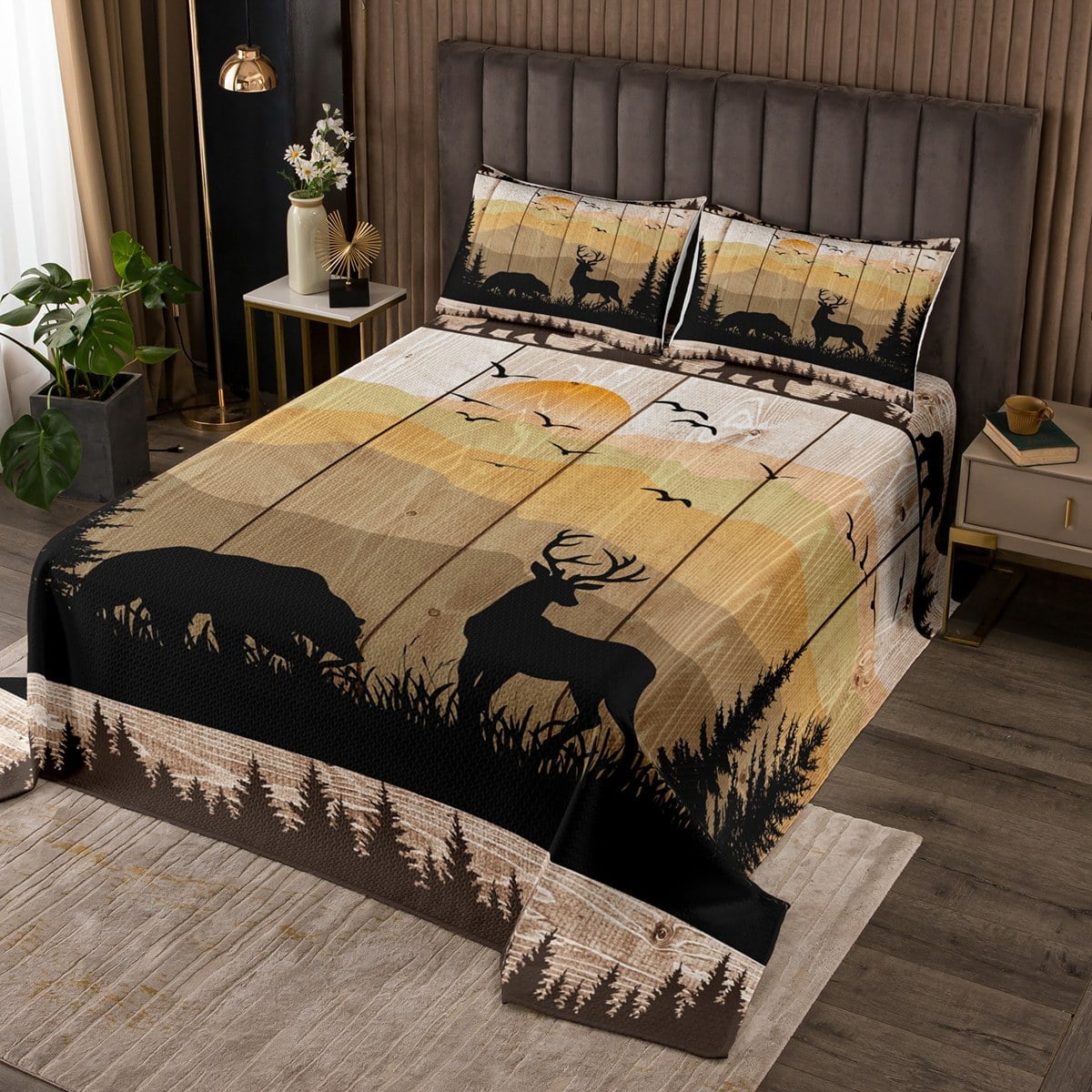 Bear Deer Coverlet Set Queen,Rustic Elk Moose Mountain,Bedspread Set ...