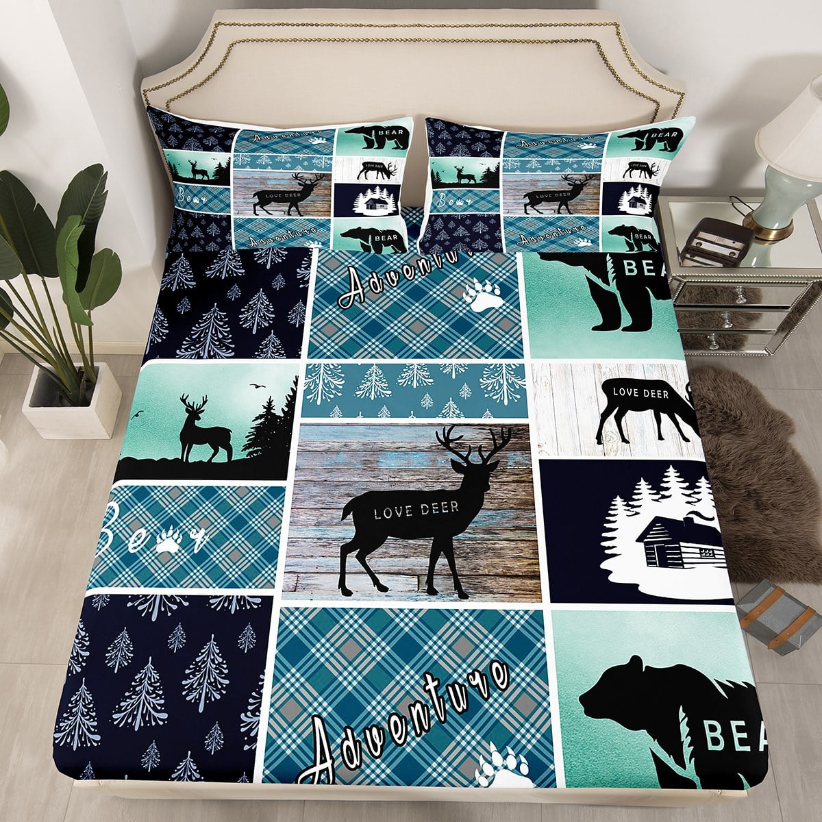 Bear Deer Fitted Sheet Twin Size, Hunting Wild Animal Bedding Set ...