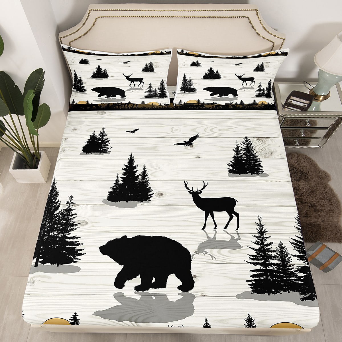 Bear Deer Fitted Sheet Queen Rustic Jungle Pine Trees Bed Sheets,Lodge ...