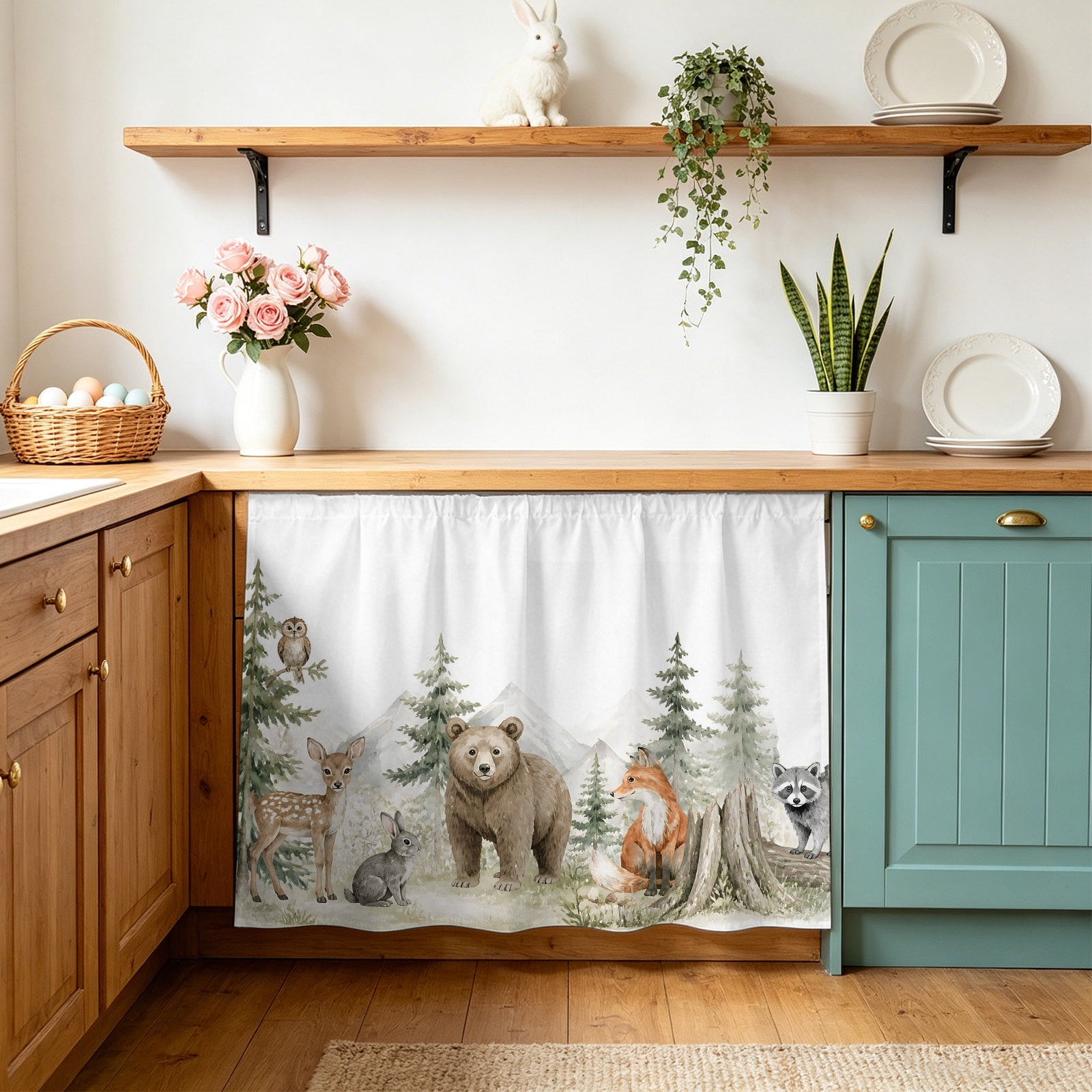 Bear Deer Fox Rabbit Cabinet Curtains 10" W x 11" L Rustic Green Forest ...