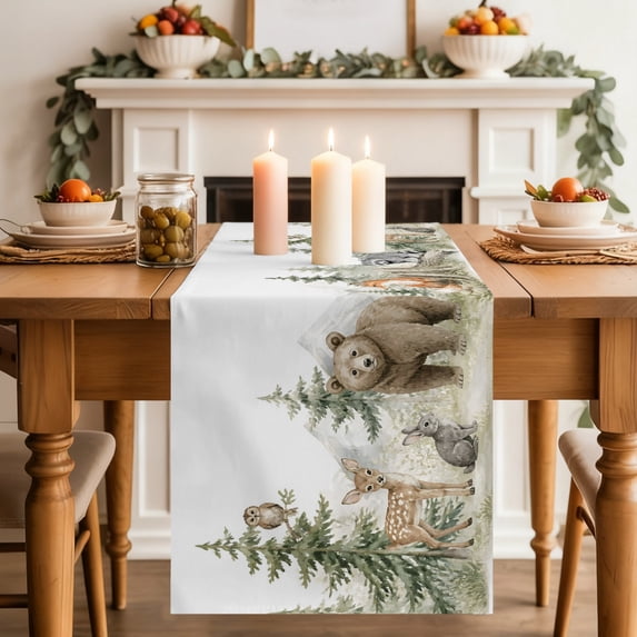 Bear Deer Fox Rabbit Dining Table Runner, Rustic Green Forest Animal ...