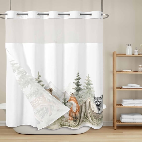 Bear Deer Fox Rabbit No Hook Shower Curtain with Snap in Liner, Rustic ...