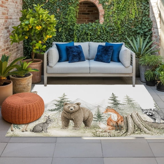 Bear Deer Fox Rabbit Indoor Outdoor Rugs 3x5 Ft, Rustic Green Forest ...