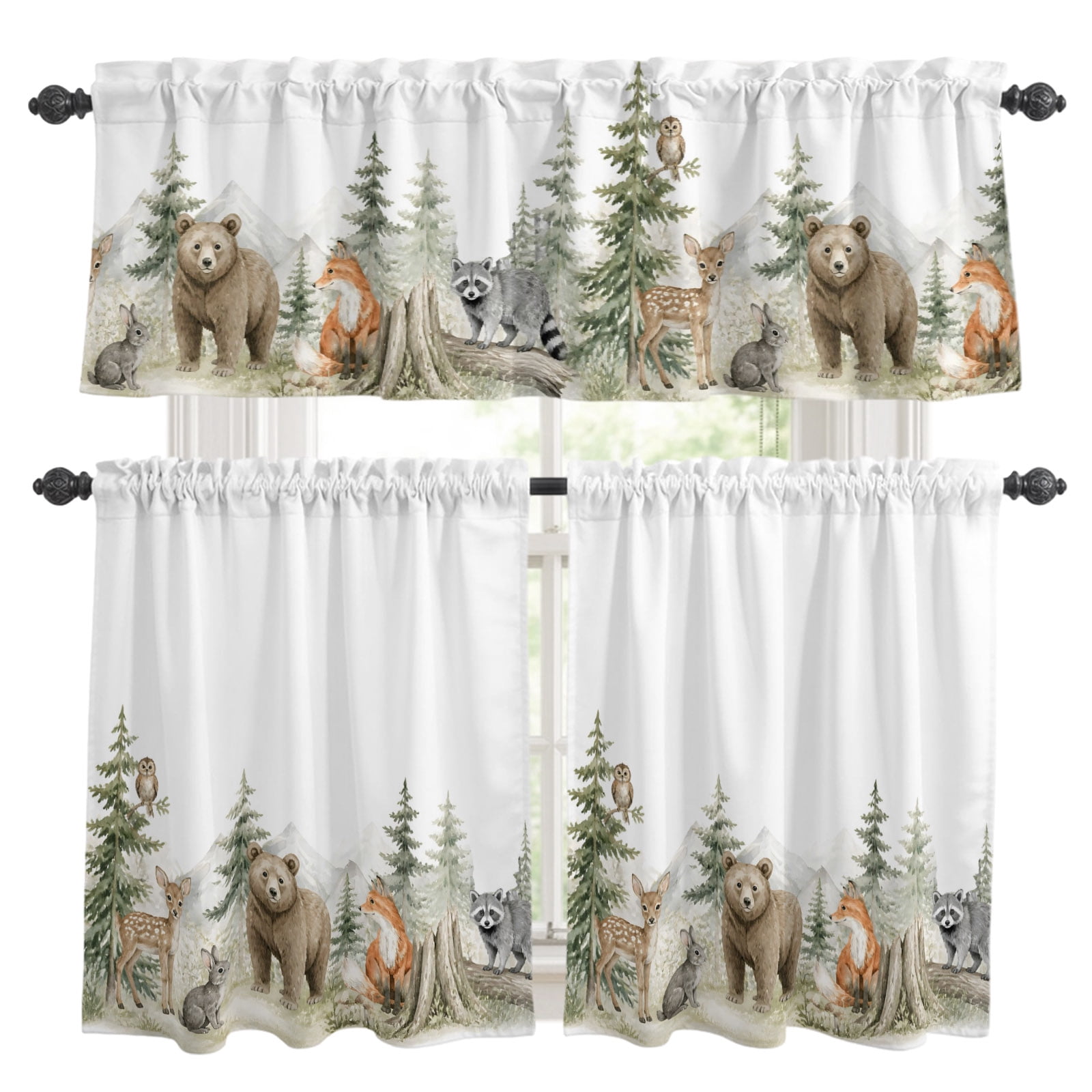 Bear Deer Fox Rabbit Kitchen Curtains Set for Windows, Rustic Green ...