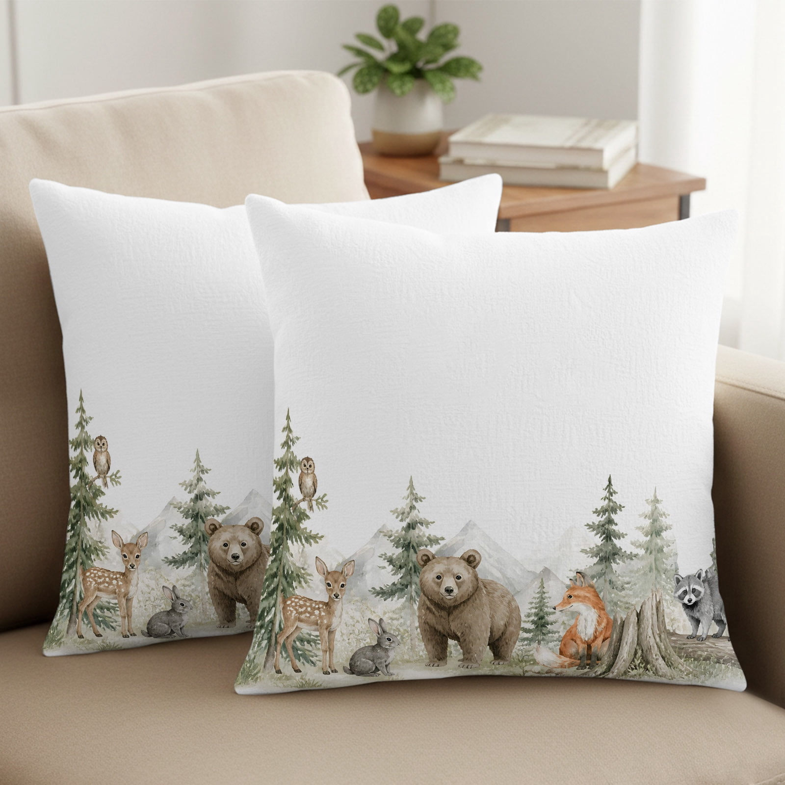 Bear Deer Fox Rabbit Pillow Covers Set of 2, Rustic Green Forest Animal ...