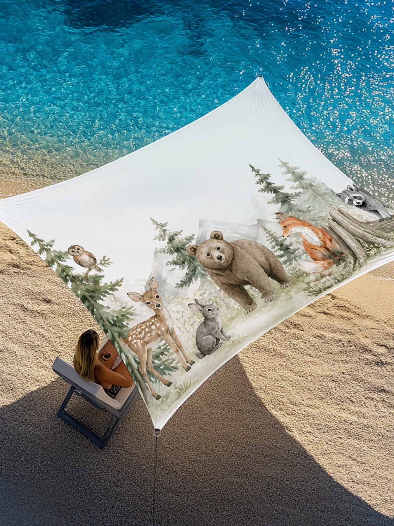 Bear Deer Fox Rabbit Sun Shade Sail 14' x 18', Rustic Green Forest ...