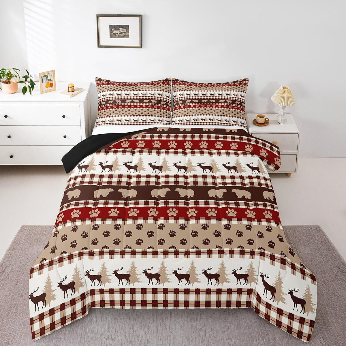 Bear Deer Hunting Down Comforter King,Rustic Checkered Buffalo Plaid ...