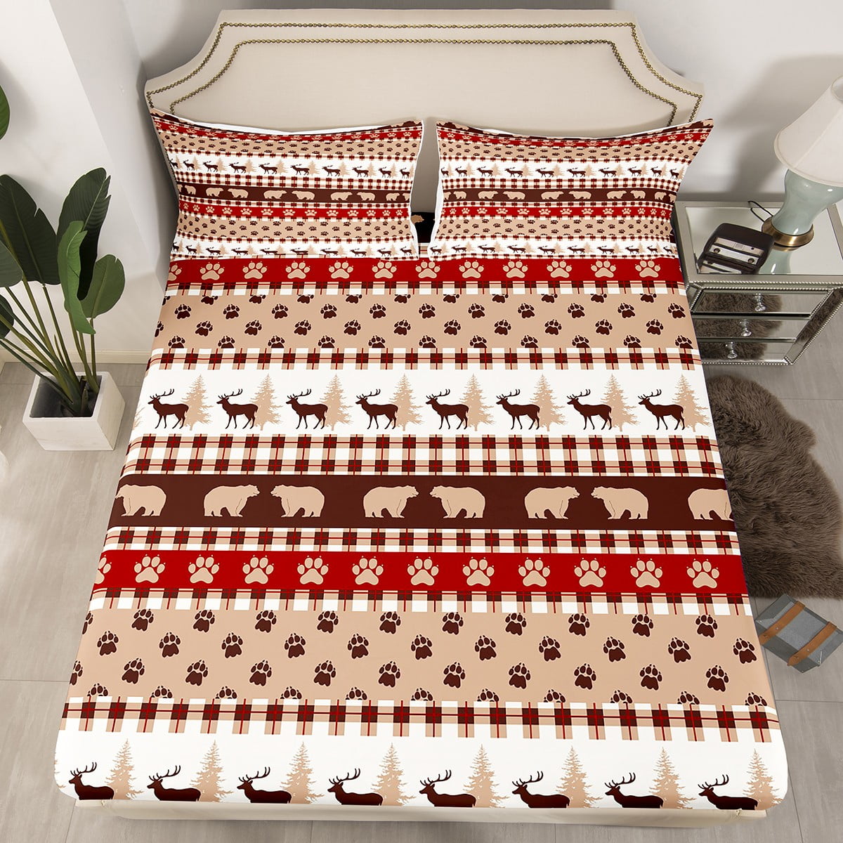 Bear Deer Hunting Fitted Sheet Full Size,Rustic Checkered Buffalo Plaid ...