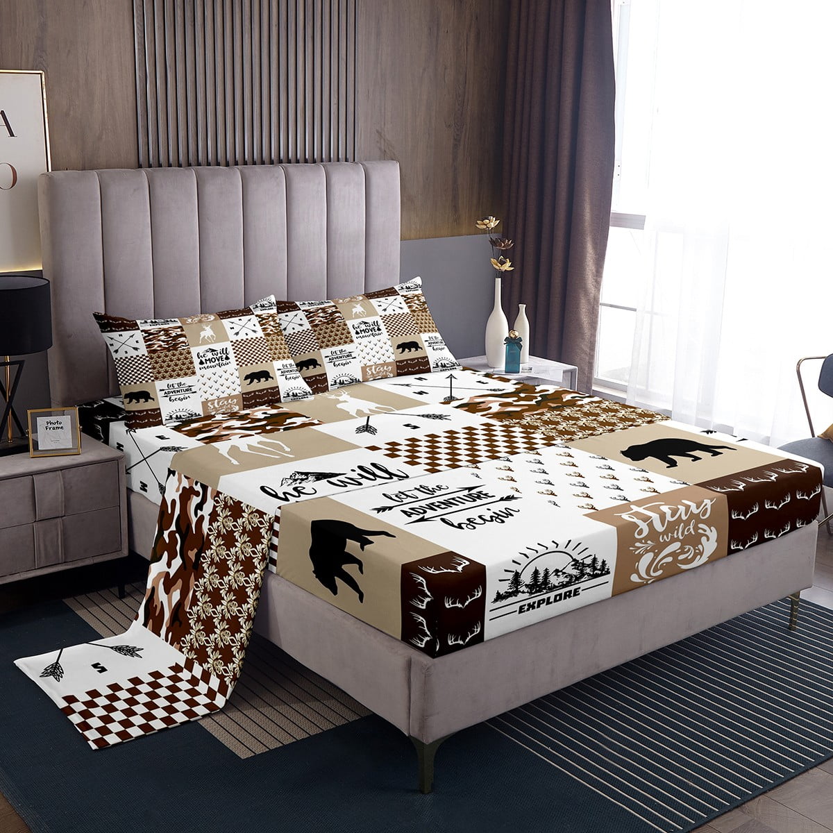Bear Deer Hunting Sheet Set Brown Camouflage Flat Fitted Sheet,Exotic ...