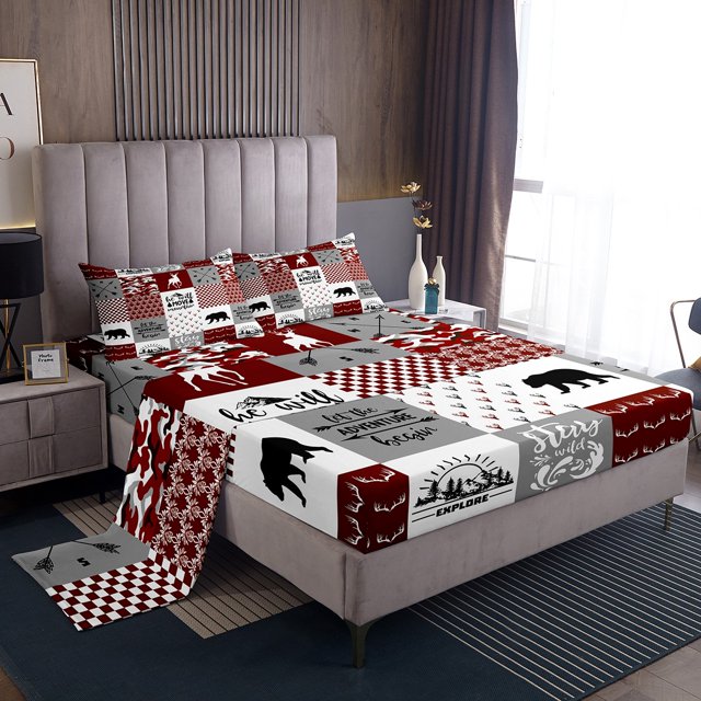 Bear Deer Hunting Sheet Set Red White Camouflage Flat Fitted Sheet ...