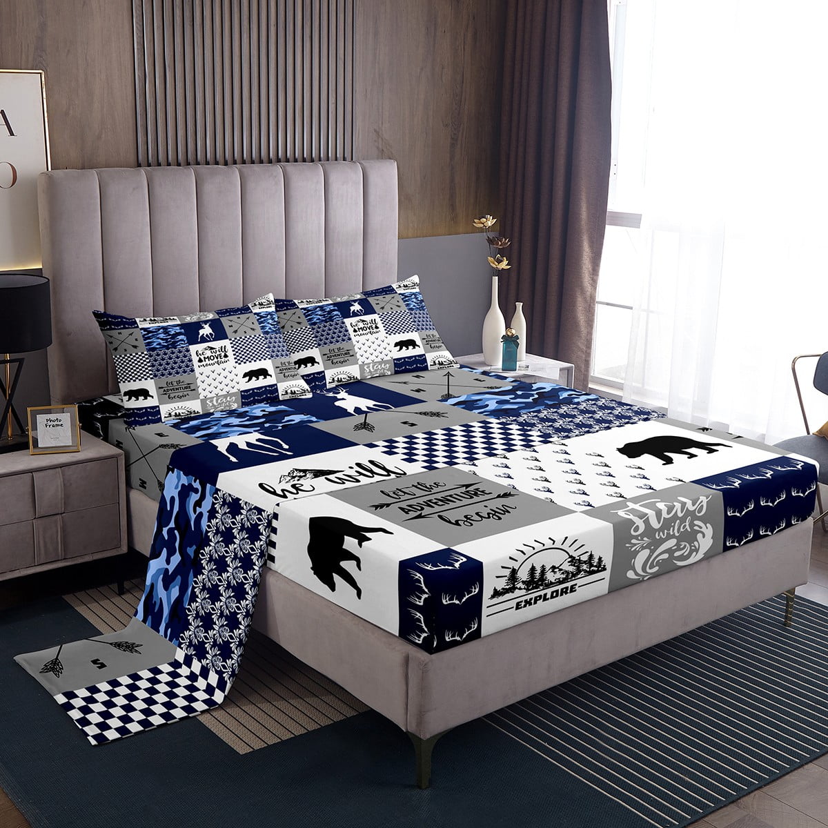 Bear Deer Hunting Sheet Set Teal Blue Camouflage Flat Fitted Sheet ...