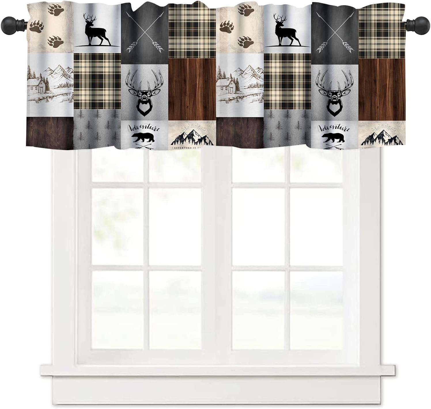 Bear Deer Kitchen Curtain, Vintage Buffalo Plaid Patchwork Deer Bear ...