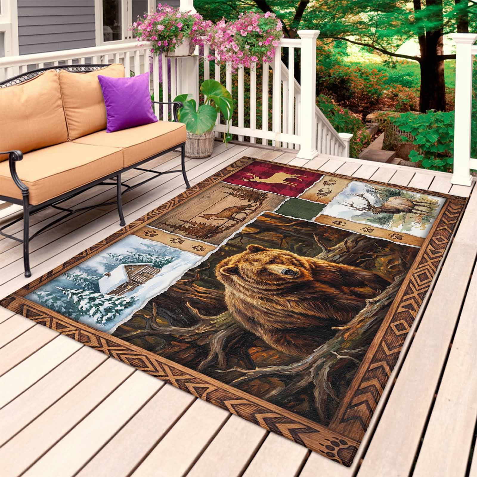 Bear Deer Outdoor Rug for Patio/Deck/Porch, Non-Slip Large Area Rug 5 x ...