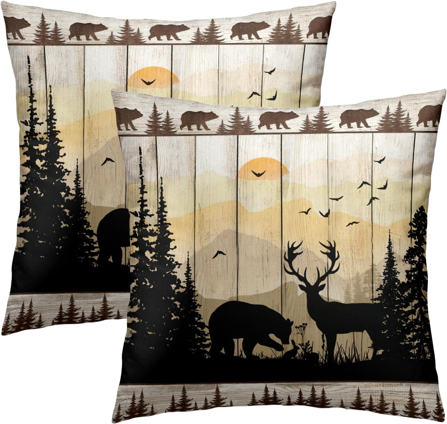 Bear Deer Pillow Cover Set of 2, 18x18 Inch Rustic Elk Moose Moutain ...