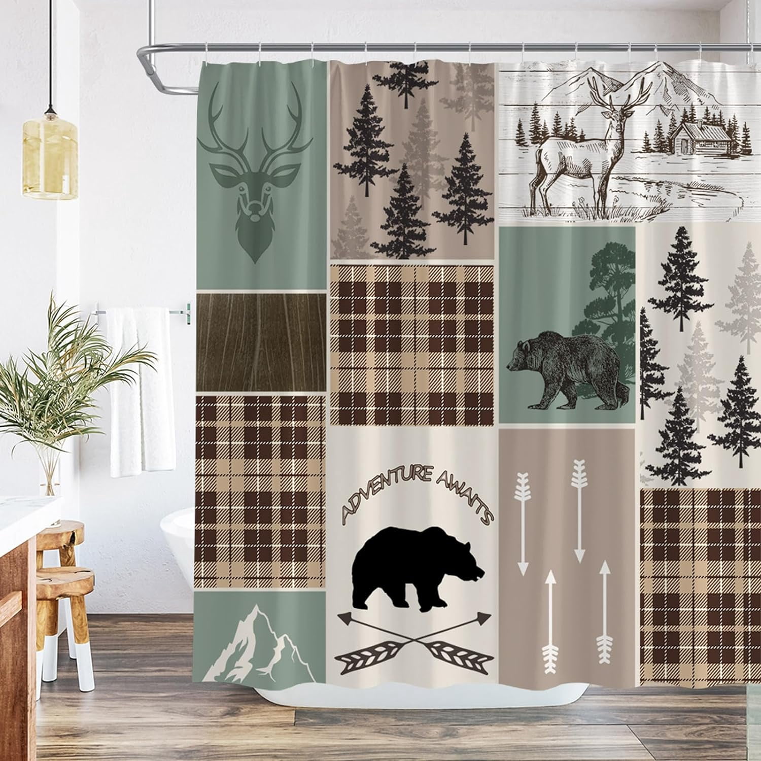 Bear Deer Plaid Shower Curtain Rustic Cabin Brown Buffalo Check Elk ...
