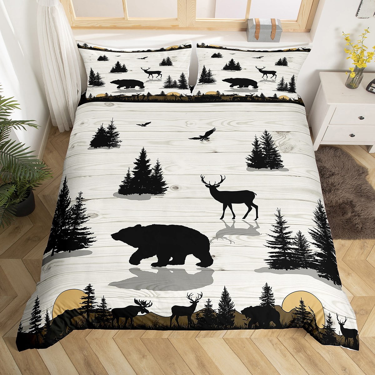 Bear Deer Rustic Bedding Set Jungle Pine Trees Comforter Cover,Vintage ...