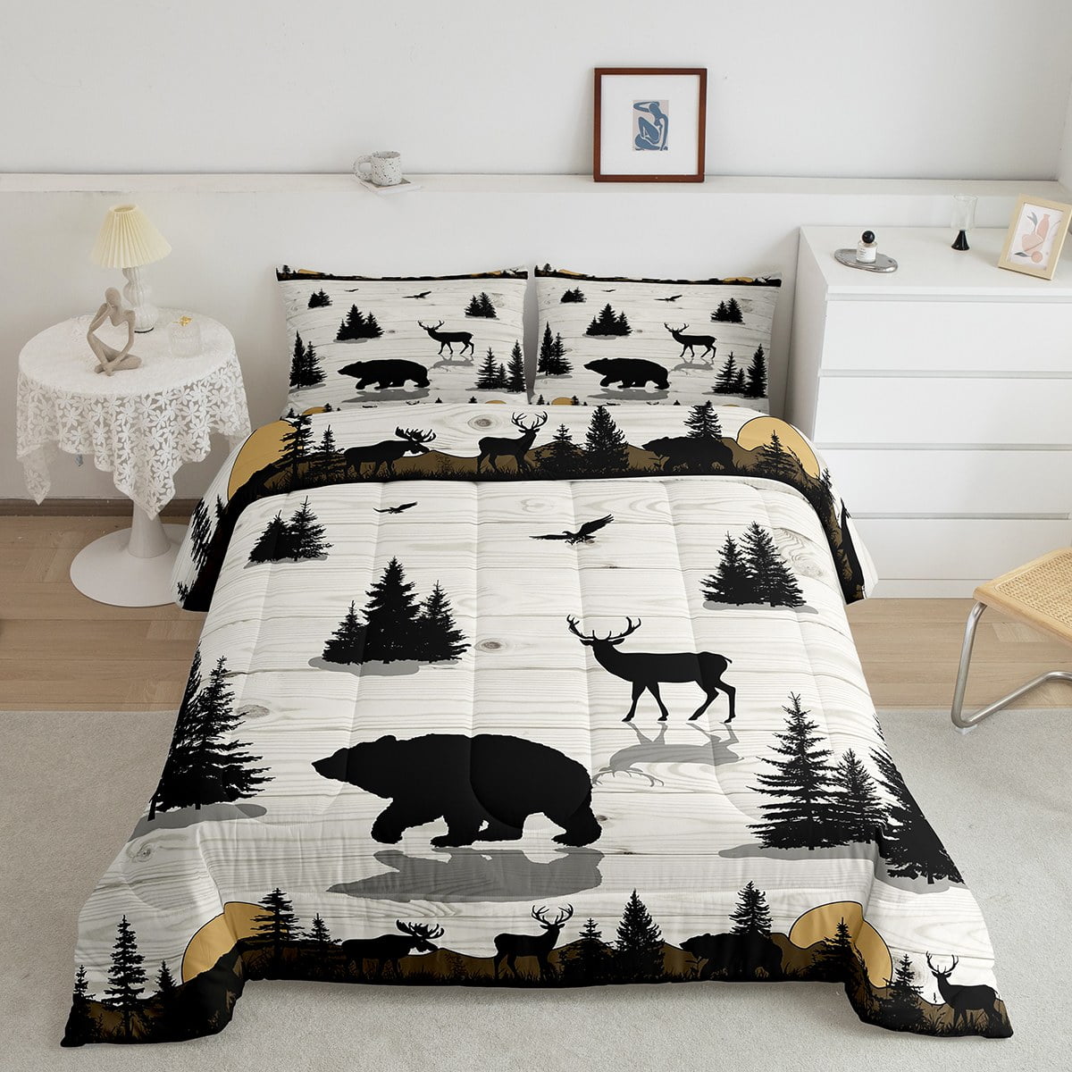 Bear Deer Rustic Quilt Twin Jungle Pine Trees Comforter Set,Lodge Cabin ...