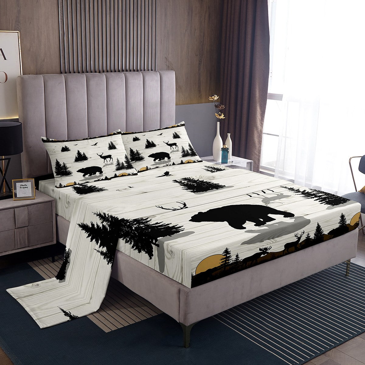 Bear Deer Rustic Sheet Set Jungle Pine Trees Flat Fitted Sheet,Vintage ...