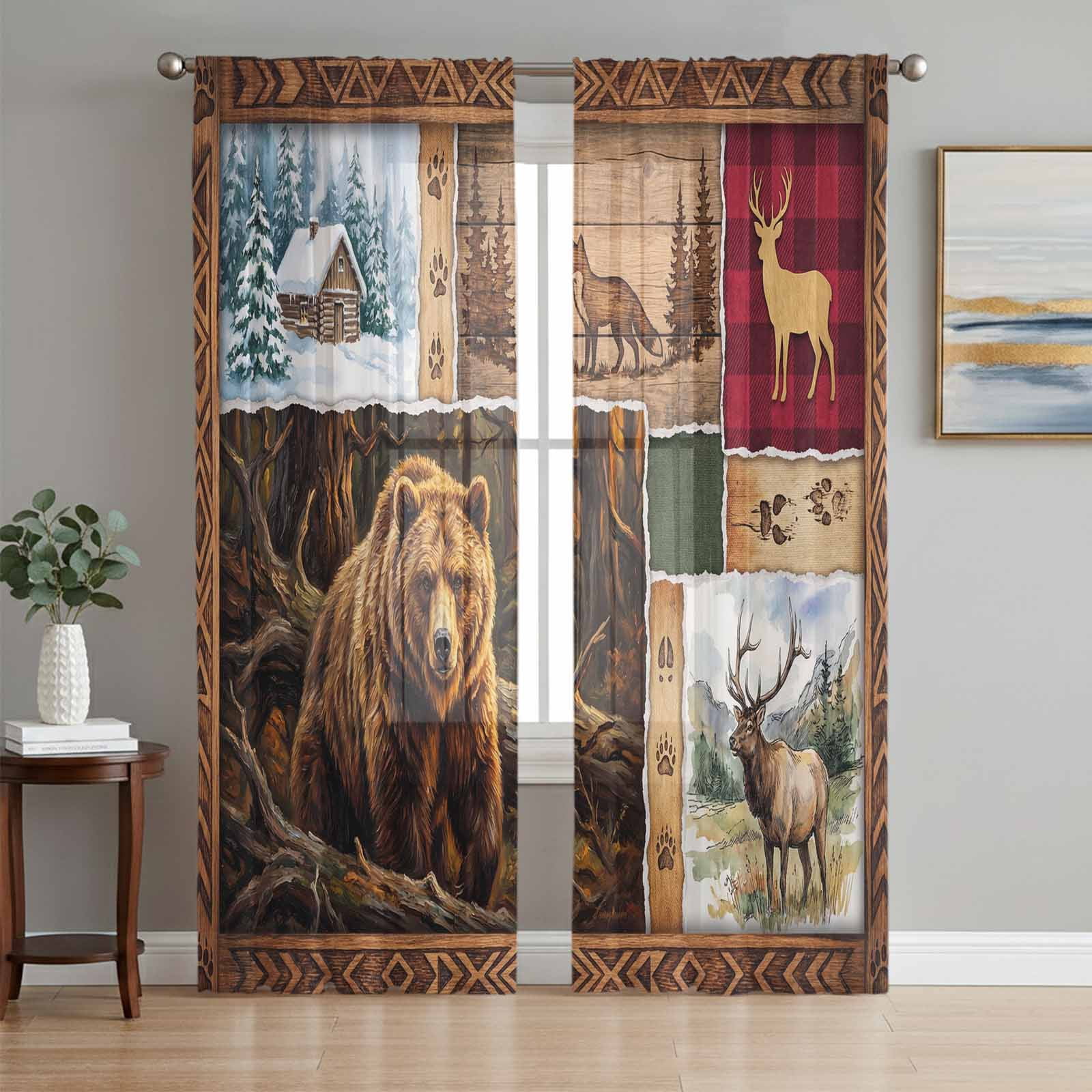 Bear Deer Sheer Curtains 84 Inch Length 2 Panels Set, Country Retro ...