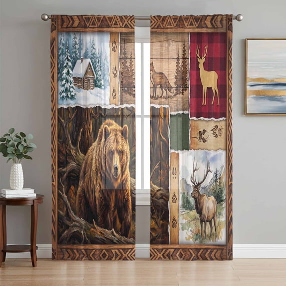 Bear Deer Sheer Curtains 84 Inch Length 2 Panels Set, Country Retro ...