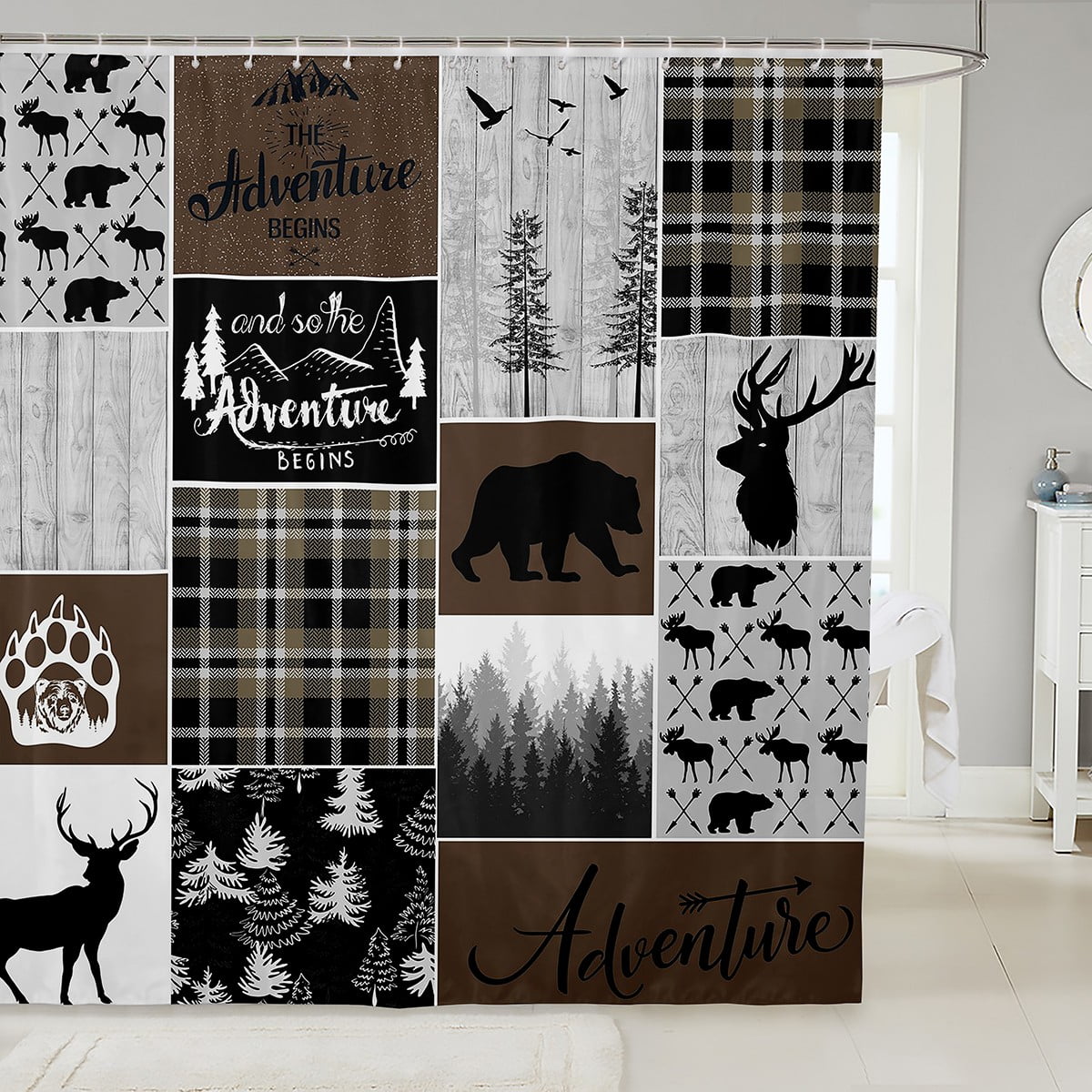 Bear Deer Shower Curtain, Rustic Cabin Patchwork Bath Curtain 72" W X ...