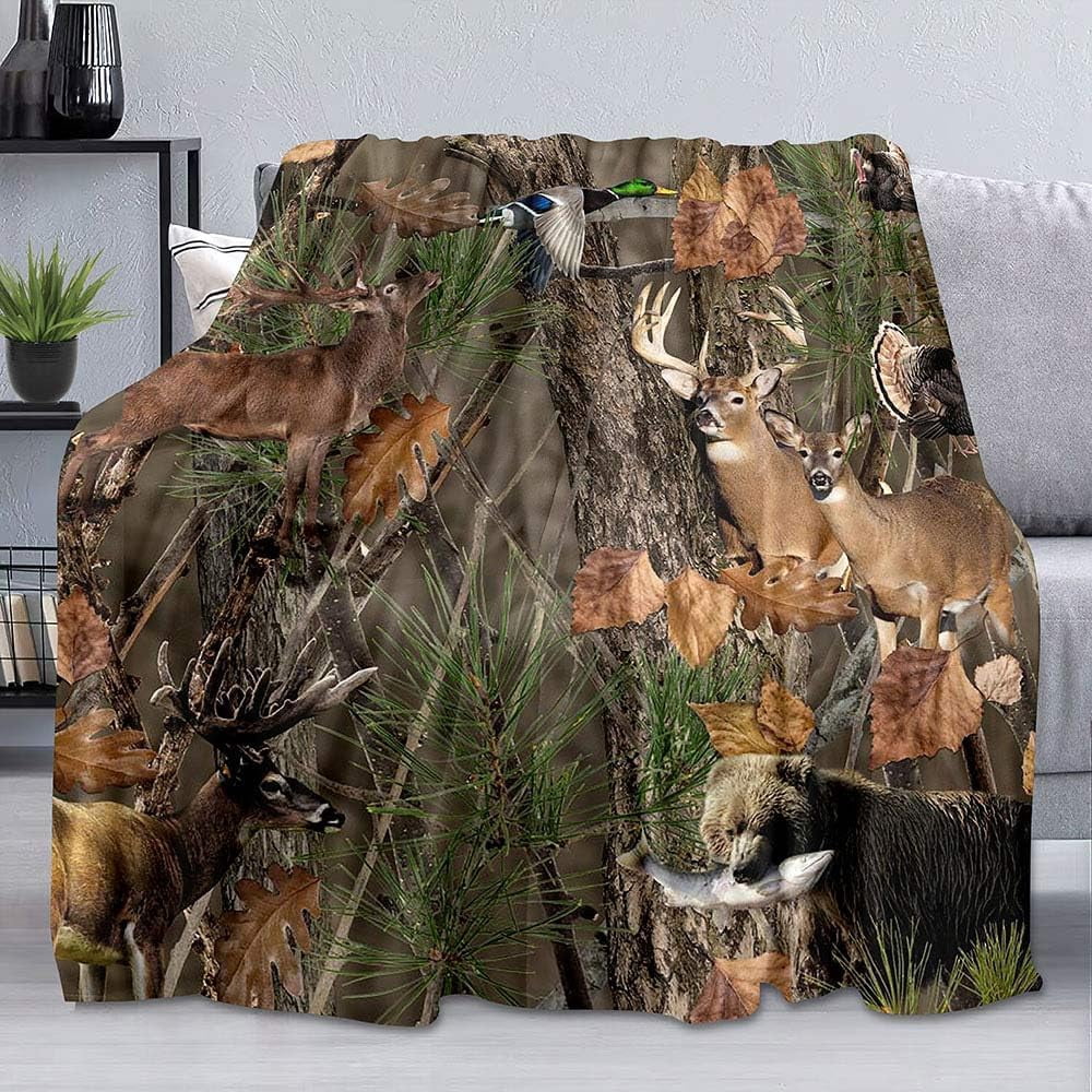 Bear Deer Throw Blanket, Camo Blanket, Elk Moose Cabin Lodge Camouflage ...